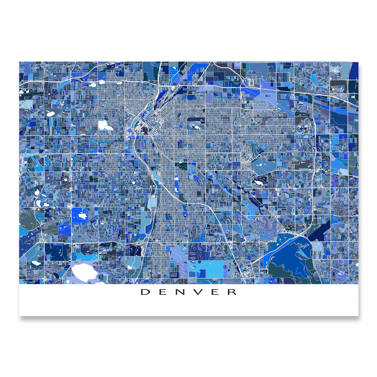 Denver CO Map Wall Art Print, Blue Geometric Colorado City Maps — Maps ...