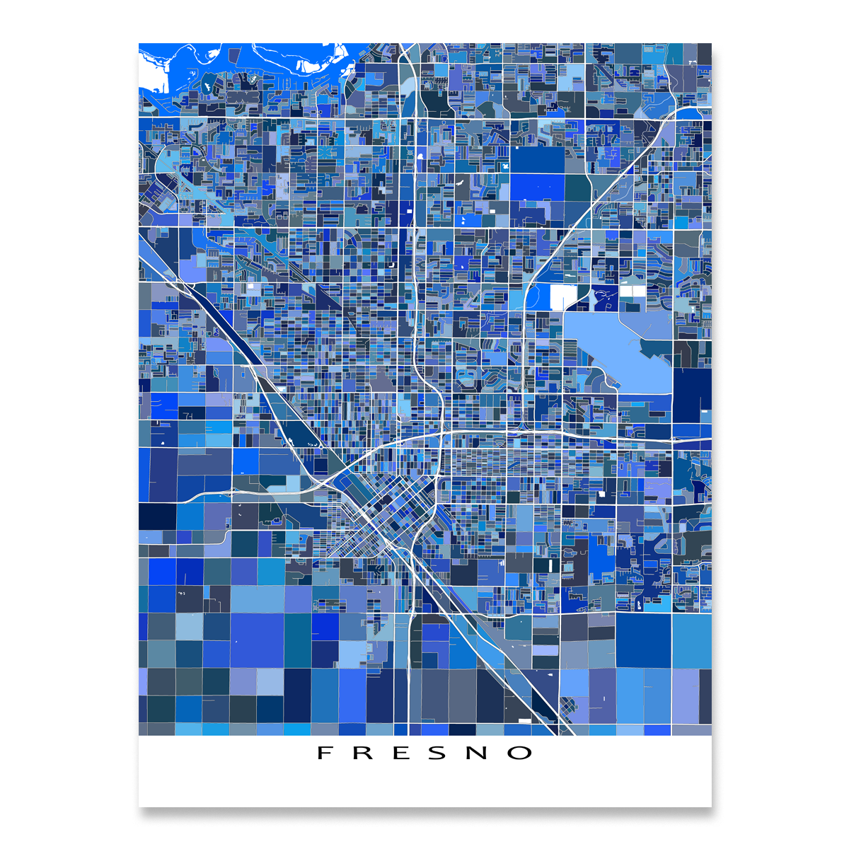 Fresno Map Wall Art Poster Print, California, USA, Blue Geometric City ...