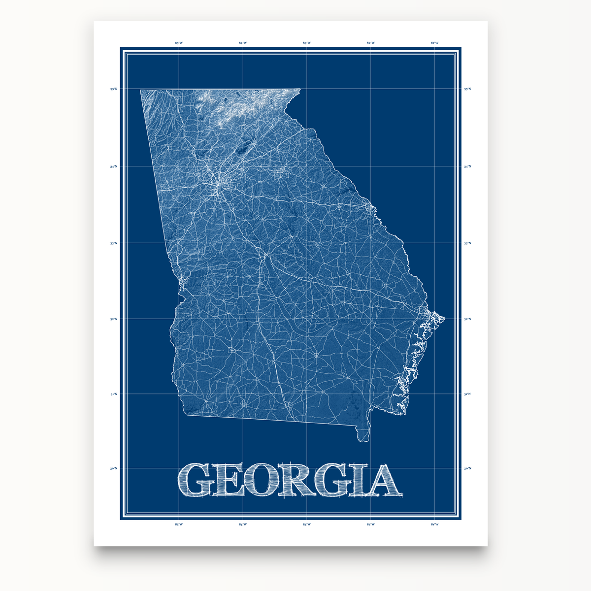 Georgia Map Wall Art Print, Blueprint Design GA State Poster Road Maps ...