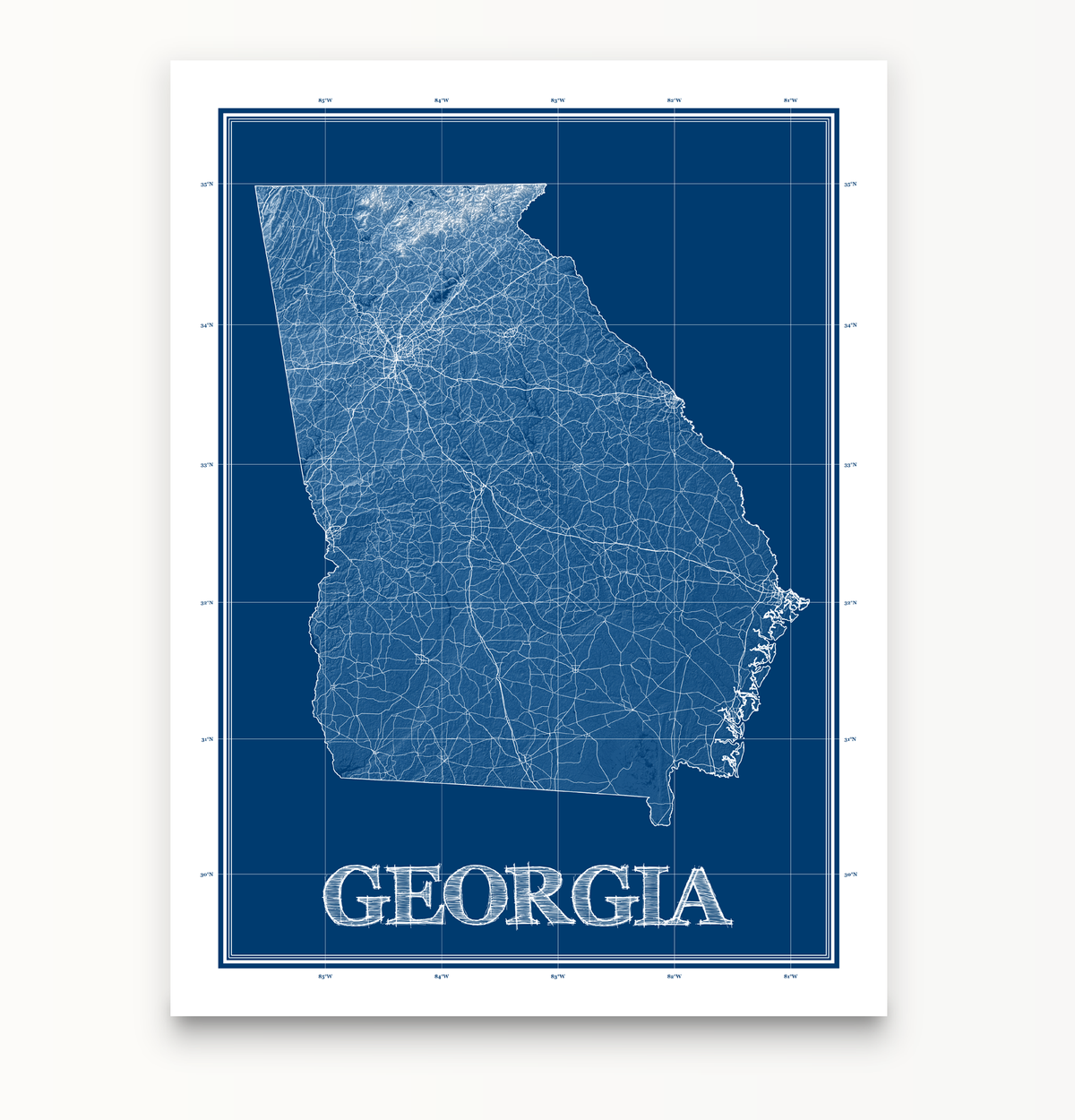 Georgia Map Wall Art Print, Blueprint Design GA State Poster Road Maps ...