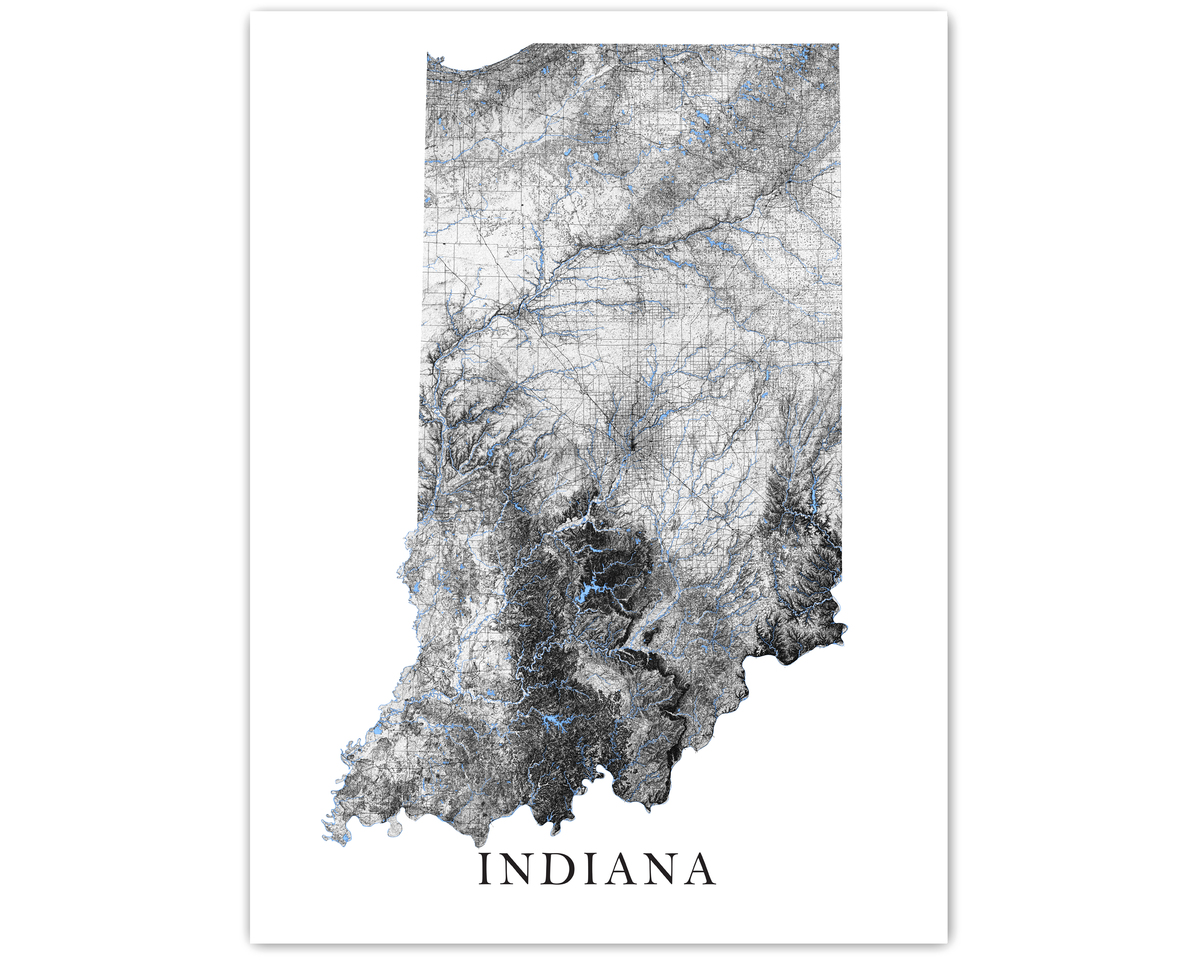 Indiana State Map Print Poster - Black and White Topographic Terrain I ...