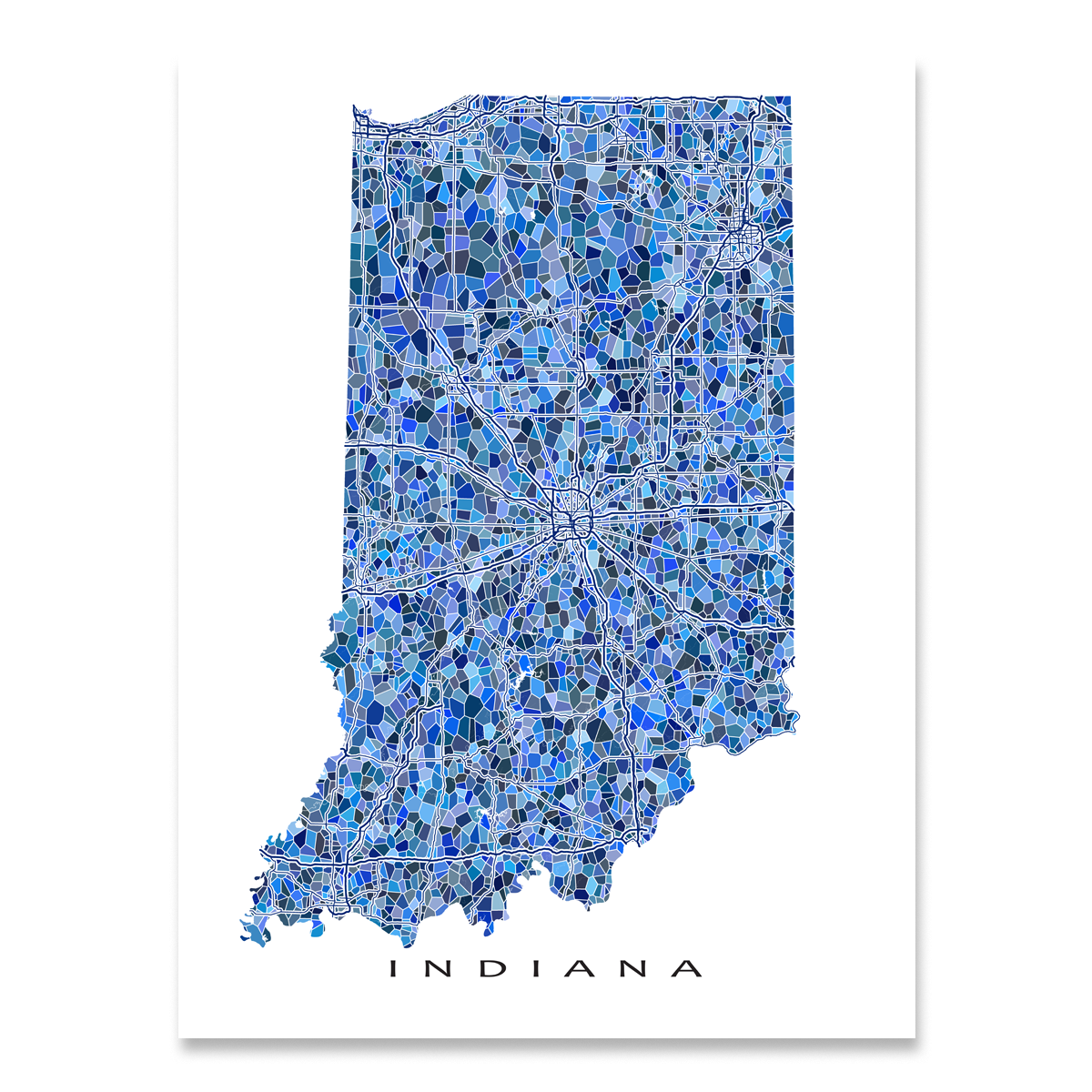 Indiana Map Print, Blue Geometric Indiana Wall Art Prints, IN State Ma ...