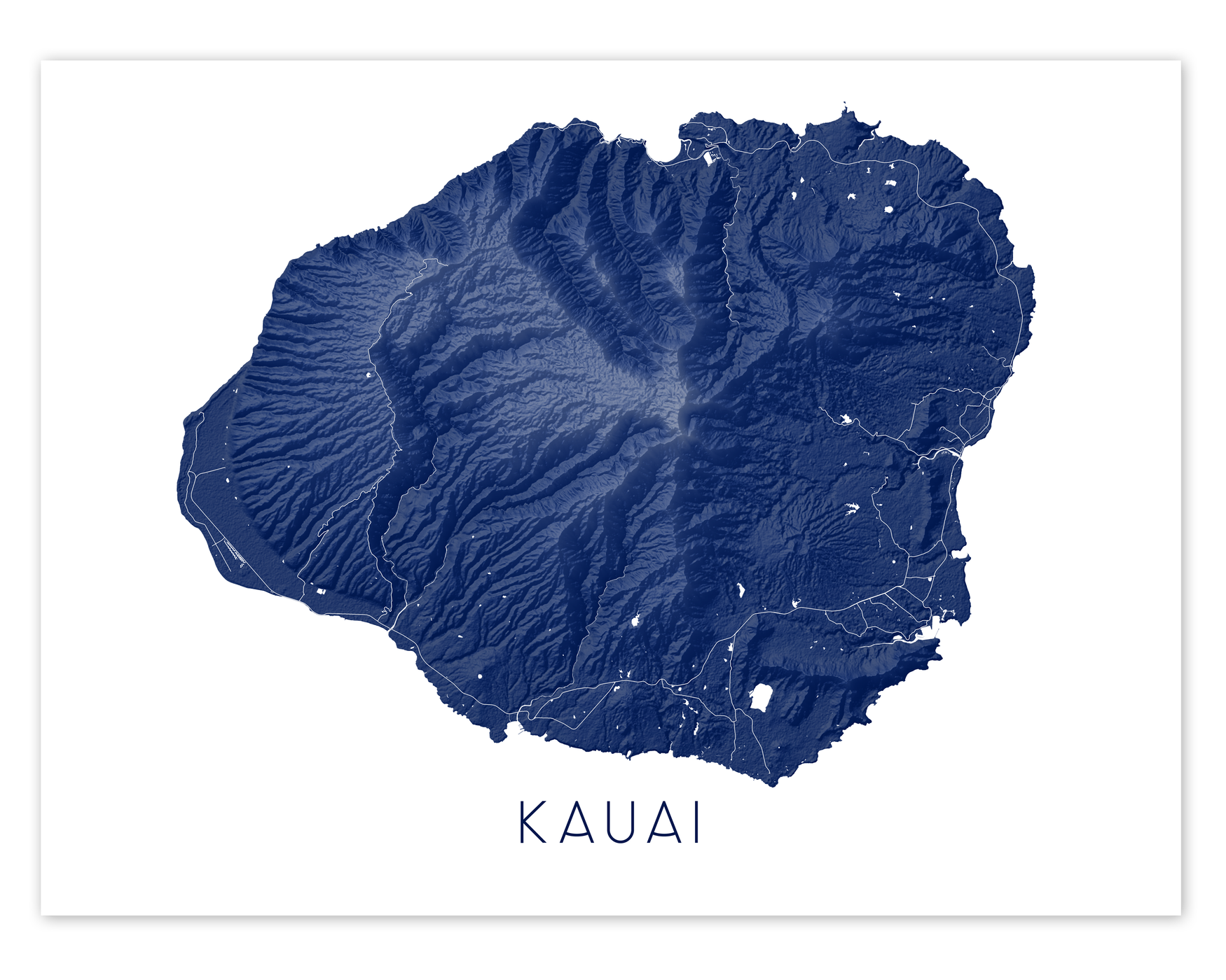 Kauai Hawaii Island Map Print Poster- Topographic Map of Kauai Hawaiia ...