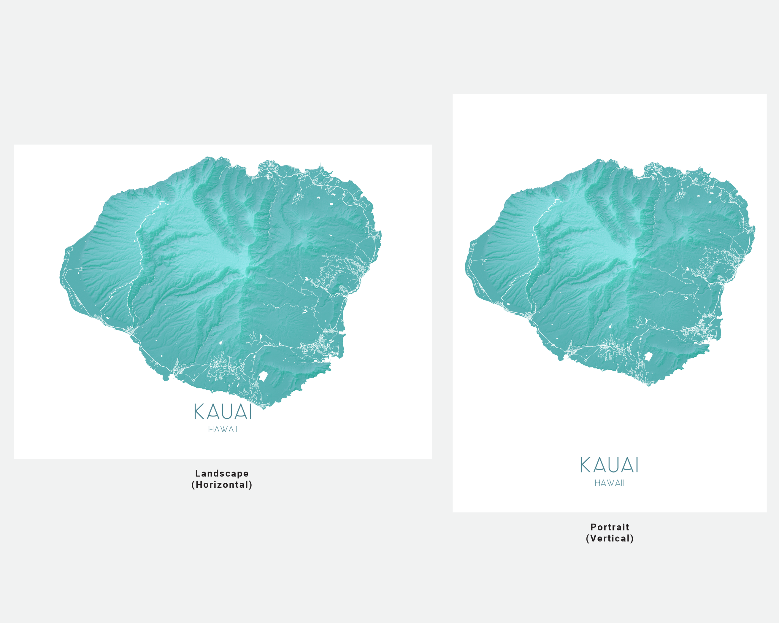 Kauai Map Print, Hawaiian Islands Wall Art Poster, Turquoise Topograph ...