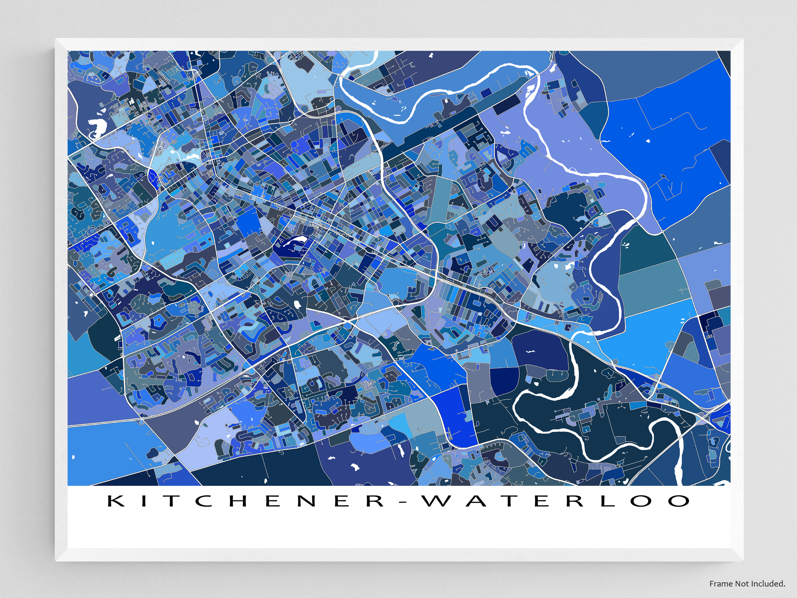 Kitchener - Waterloo Map Wall Art Print Poster, Blue Geometric City St ...