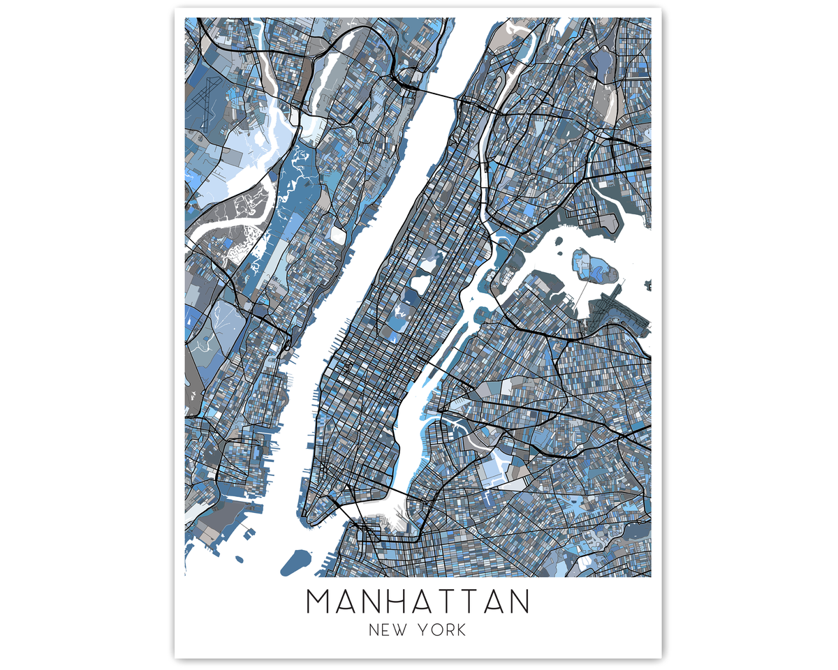 Manhattan New York City Map Print - Denim Blue Geometric NYC Art Maps ...