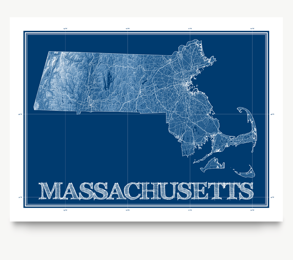 Massachusetts State Map Wall Art Print, Blueprint MA Topographic Maps ...