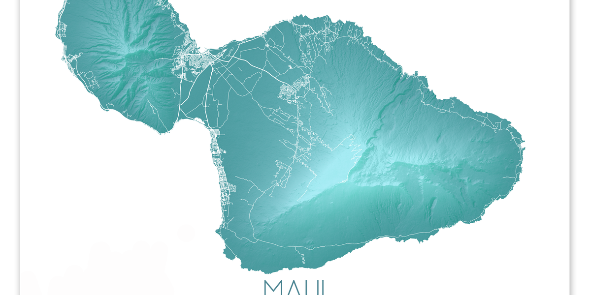Maui Map Print, Hawaiian Islands Wall Art Poster, Turquoise Maui Hawai ...