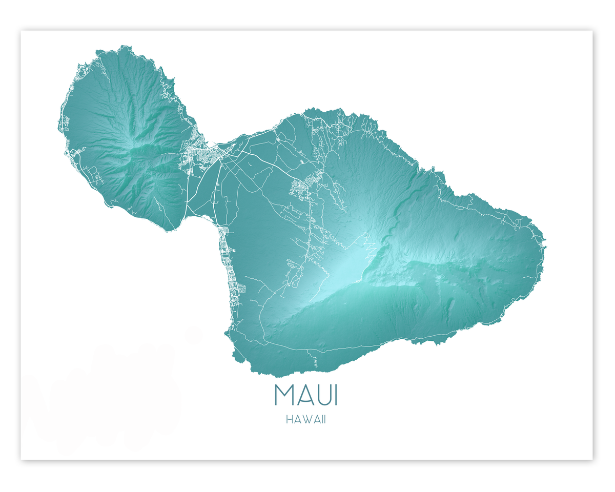 Maui Map Print, Hawaiian Islands Wall Art Poster, Turquoise Maui Hawai — Maps As Art