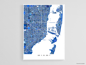 Miami Florida Map Wall Art Print Poster, Blue Geometric FL City Street ...