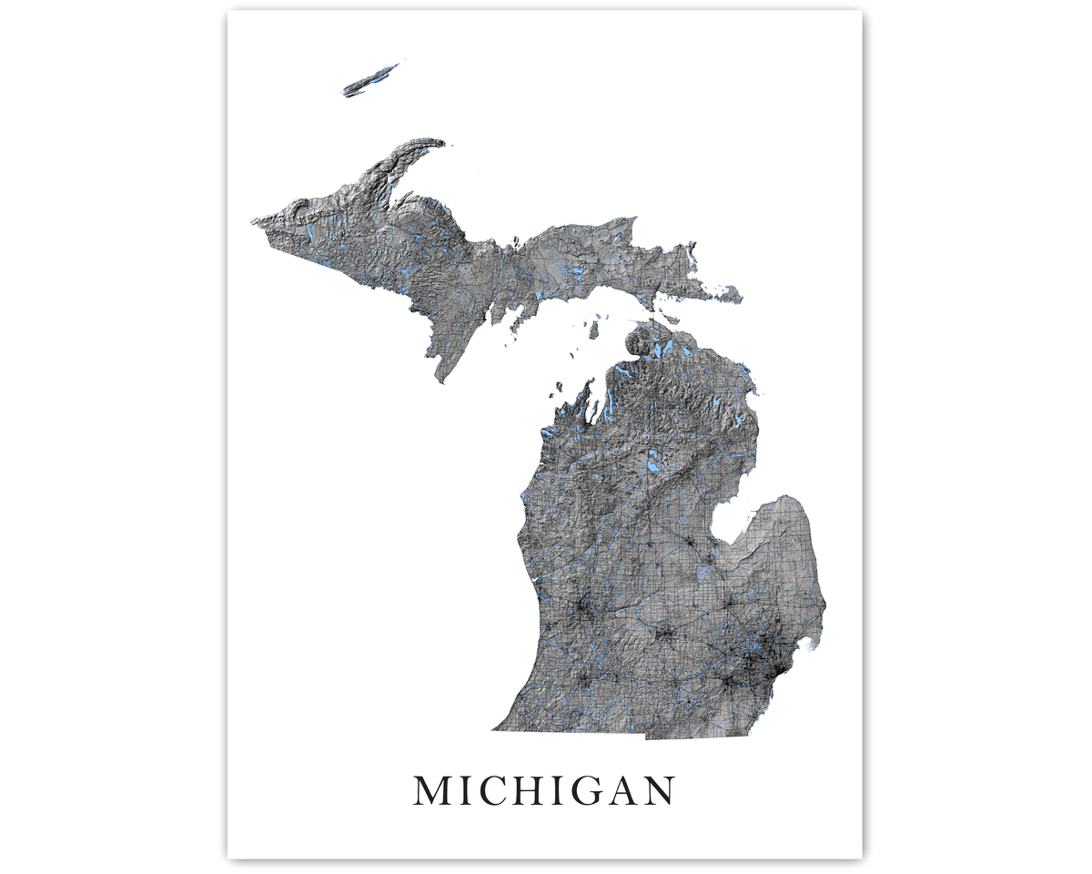 Michigan Map Print Poster - Black and White Topographic Michigan Wall ...