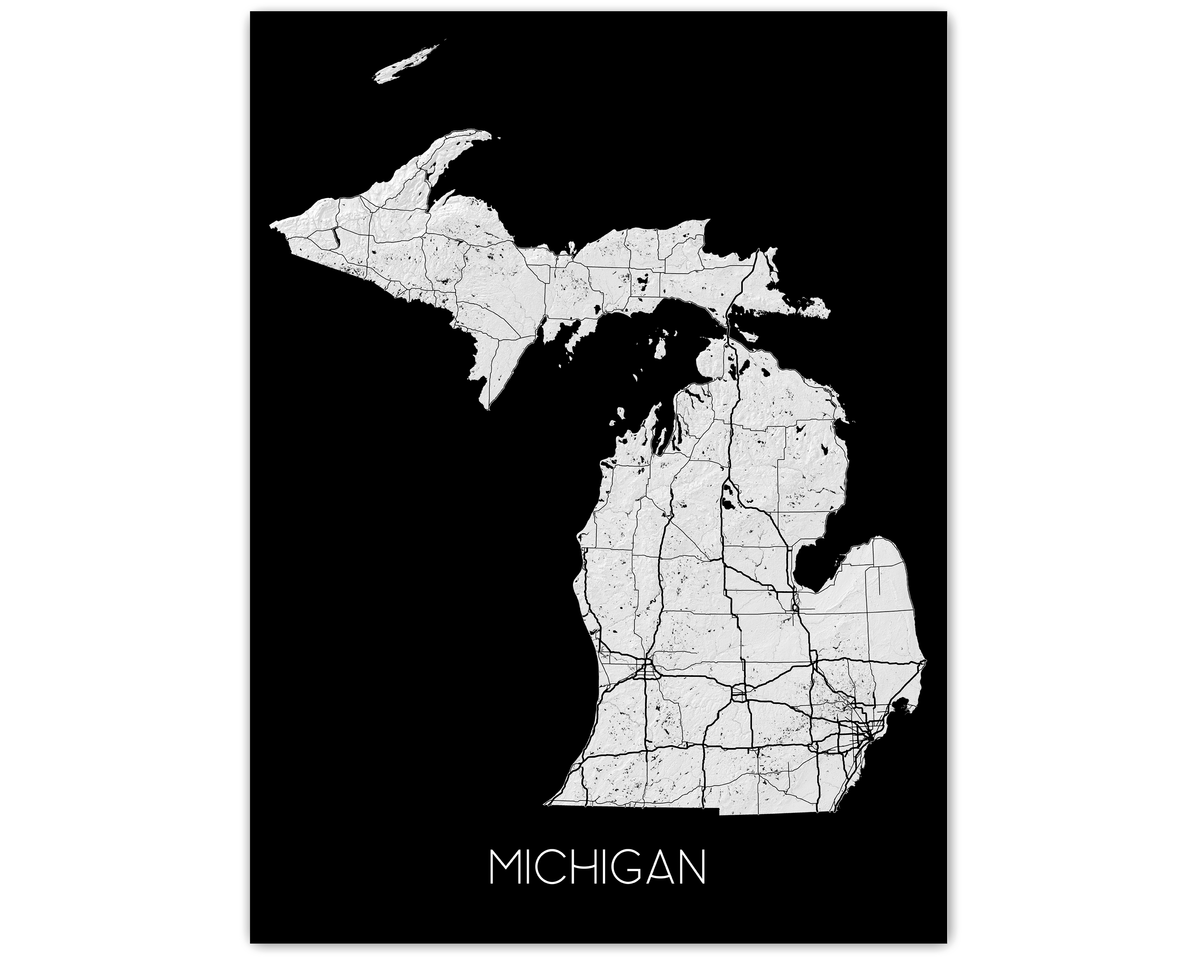 Michigan Map Print, MI State Wall Art Poster with Roads, Colorful Back ...