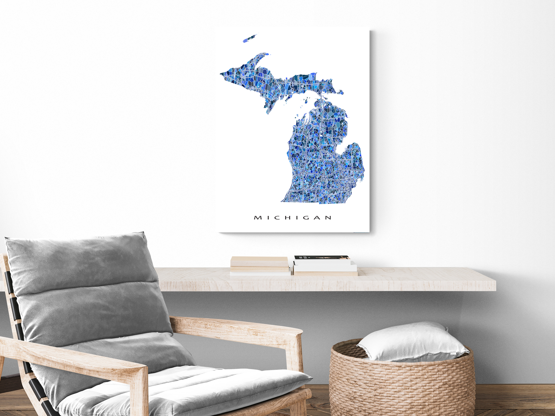 Michigan Map Print, Blue Geometric Michigan Wall Art Prints, MI State ...