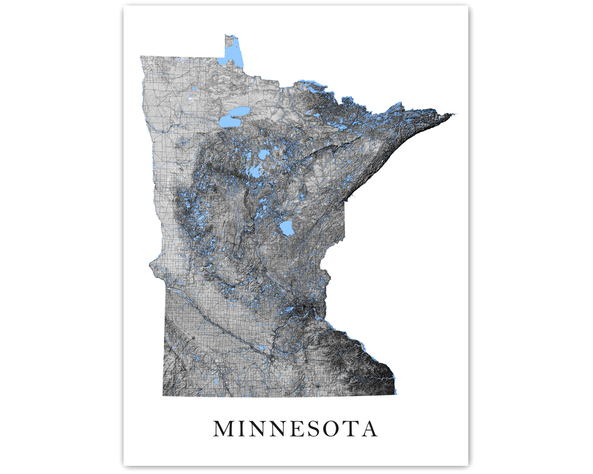 Minnesota Map Print - Black and White Minnesota State Wall Art, MN Sta ...