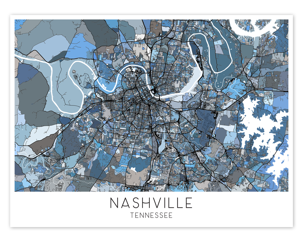 Nashville TN Map Print Poster, Blue Geometric Tennessee City Street Wa ...