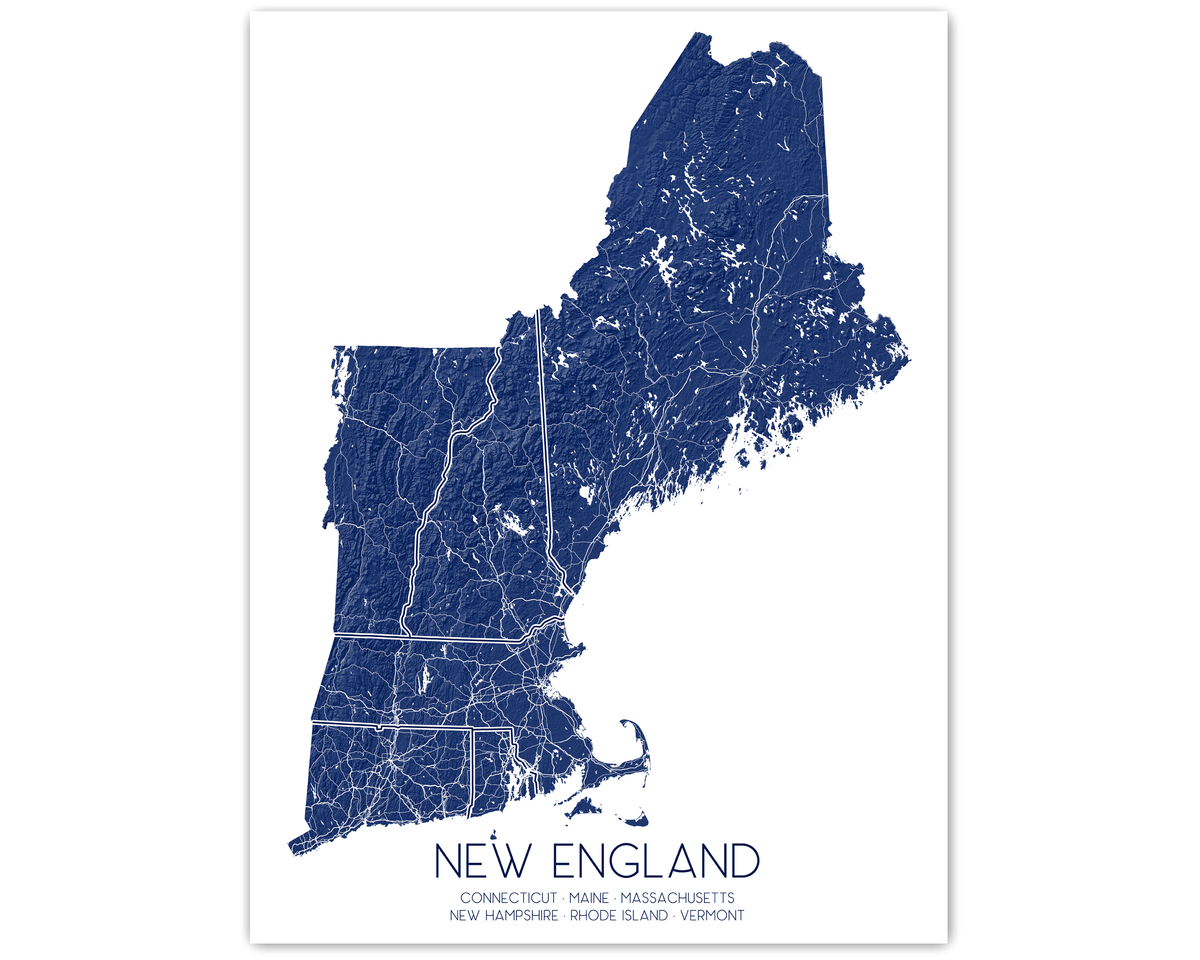 New England Map - Regional State Topographic Road Wall Art Print or Po ...