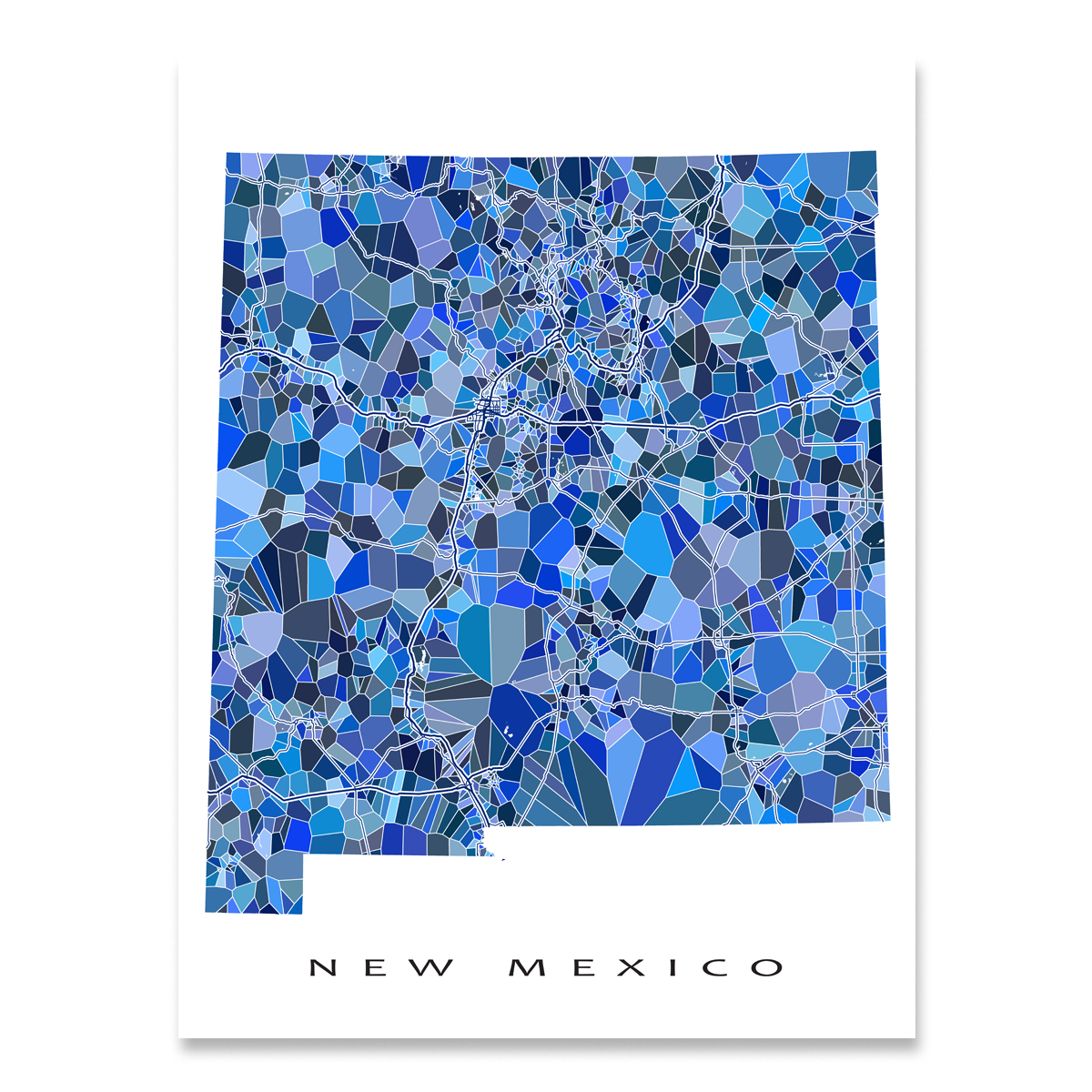 New Mexico Map Print, Blue Geometric NM State Maps — Maps As Art
