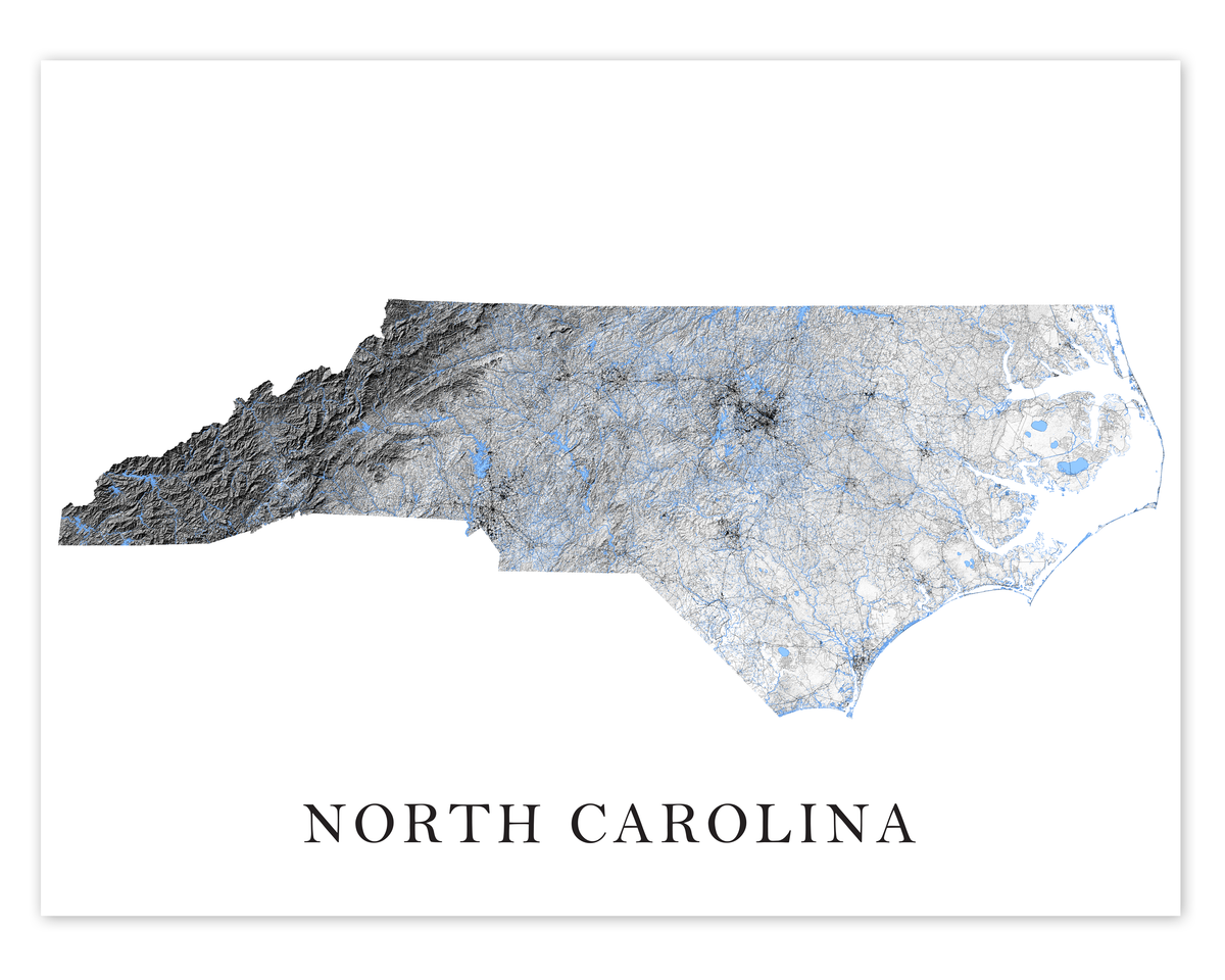 North Carolina State Map Print Poster - Black and White Topographic NC ...