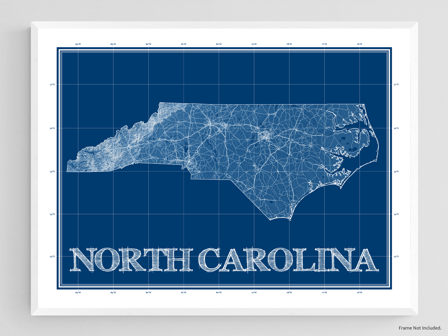 North Carolina State Map Print Poster, Blueprint Navy Blue Topographic ...