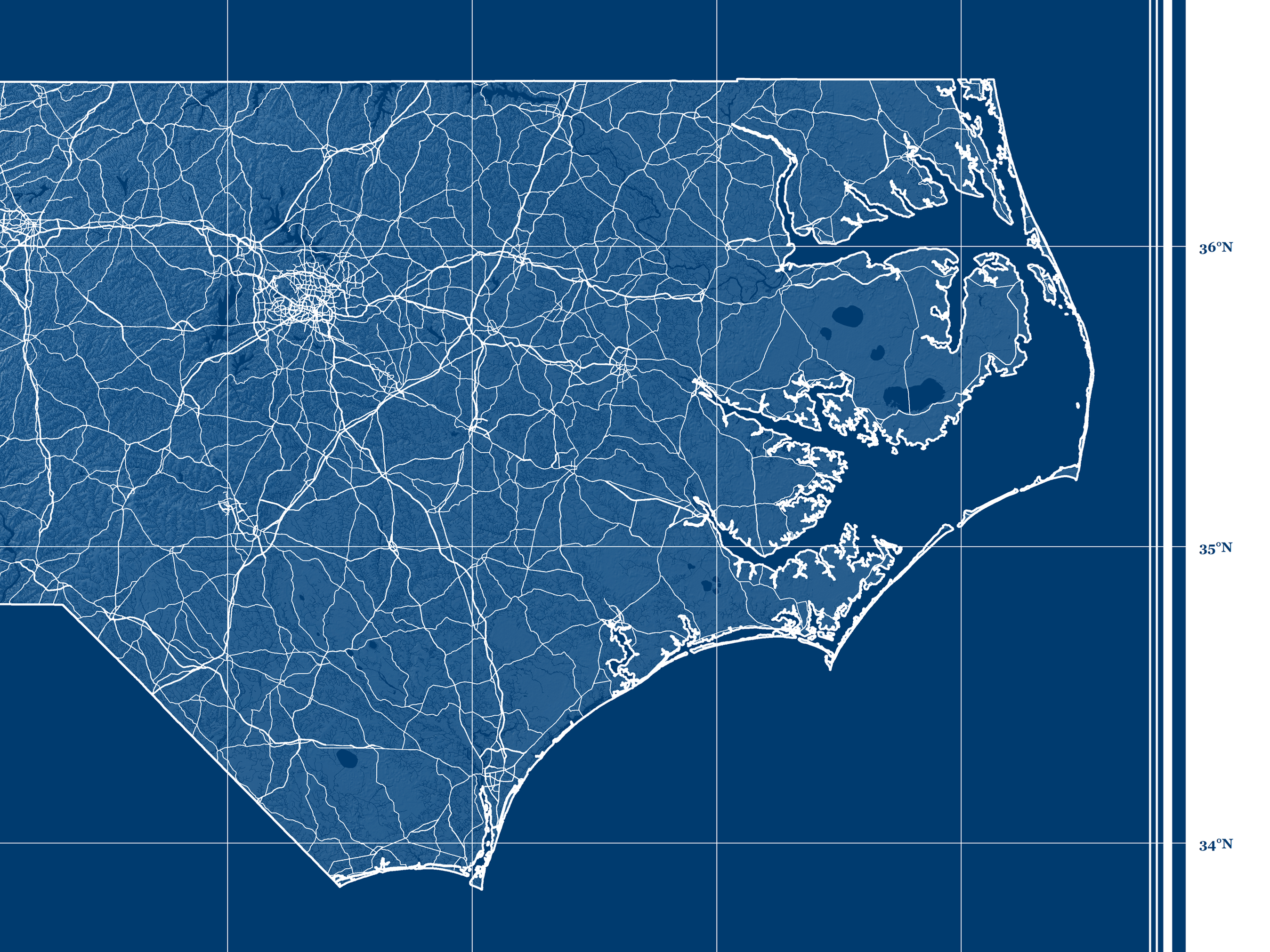 North Carolina State Map Print Poster, Blueprint Navy Blue Topographic ...