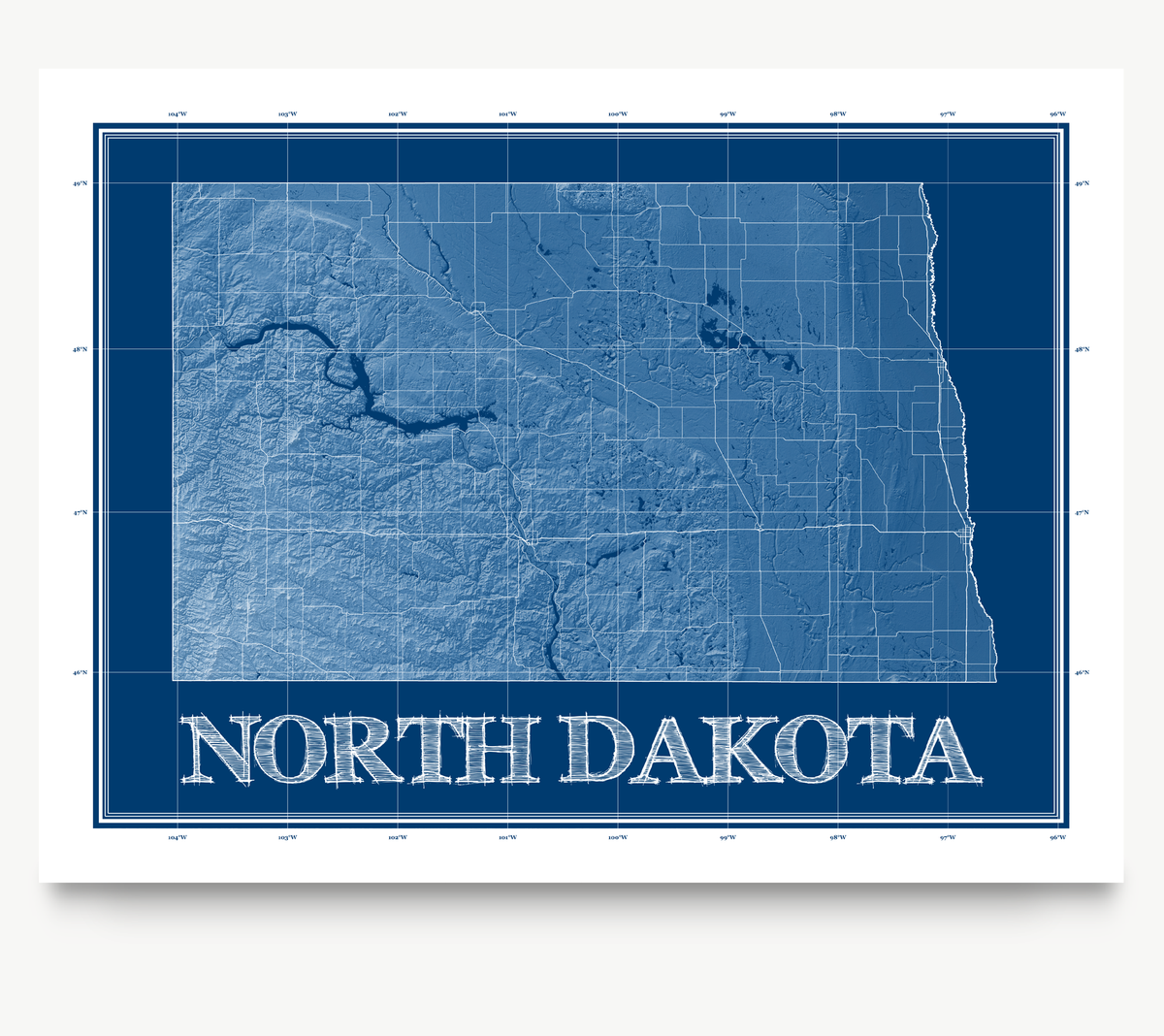 North Dakota Map Print, Blueprint — Maps As Art