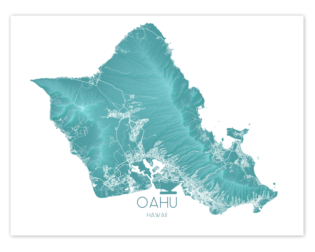 Oahu Hawaii Map Print Poster, Turquoise Topographic Hawaiian Islands W ...