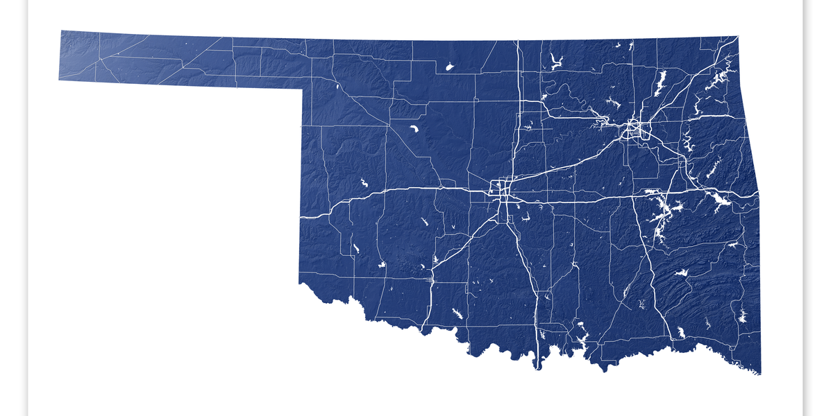 Oklahoma State Map Wall Art Print Poster - Topographic Map of OK Road ...