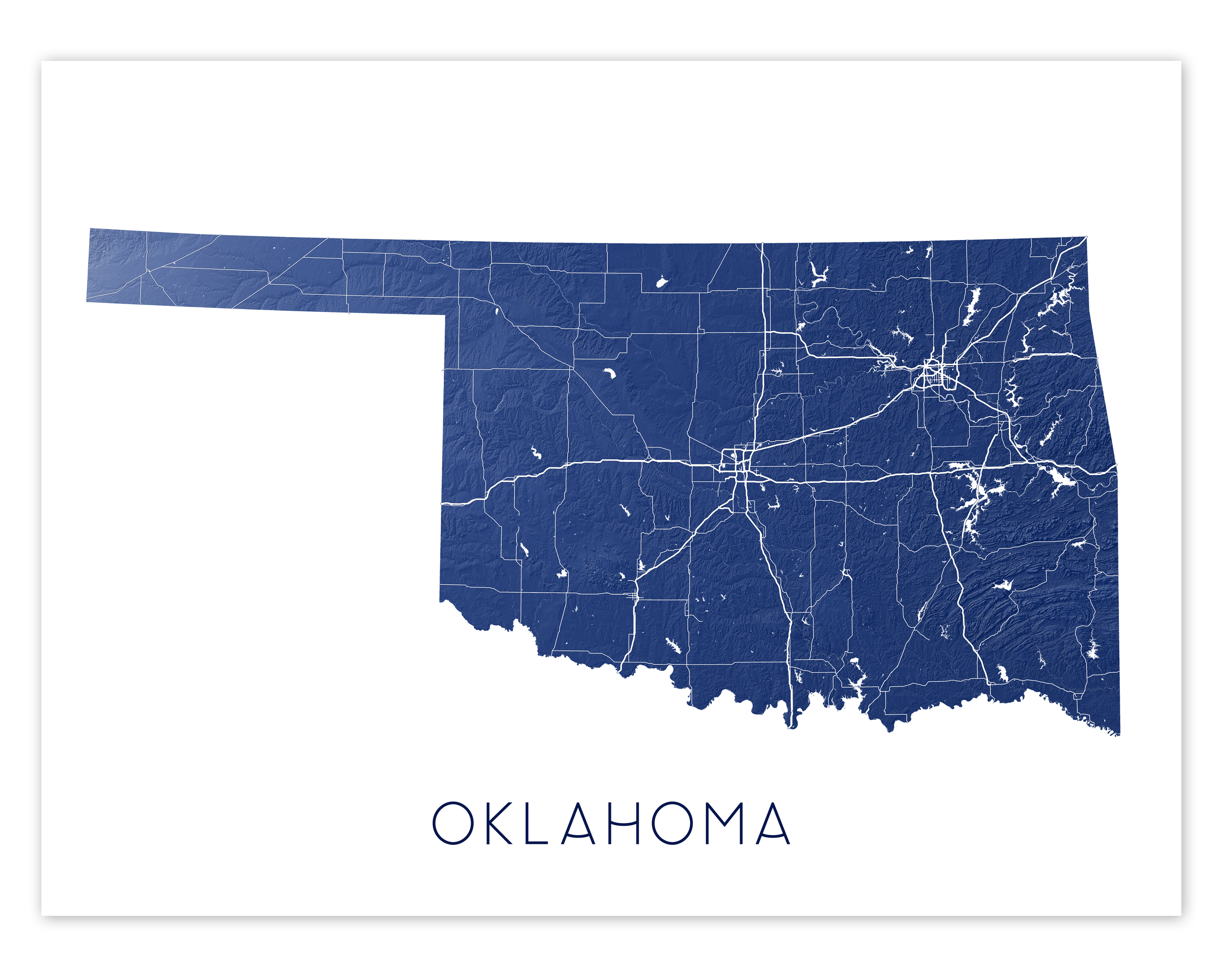 Oklahoma State Map Wall Art Print Poster - Topographic Map of OK Road ...