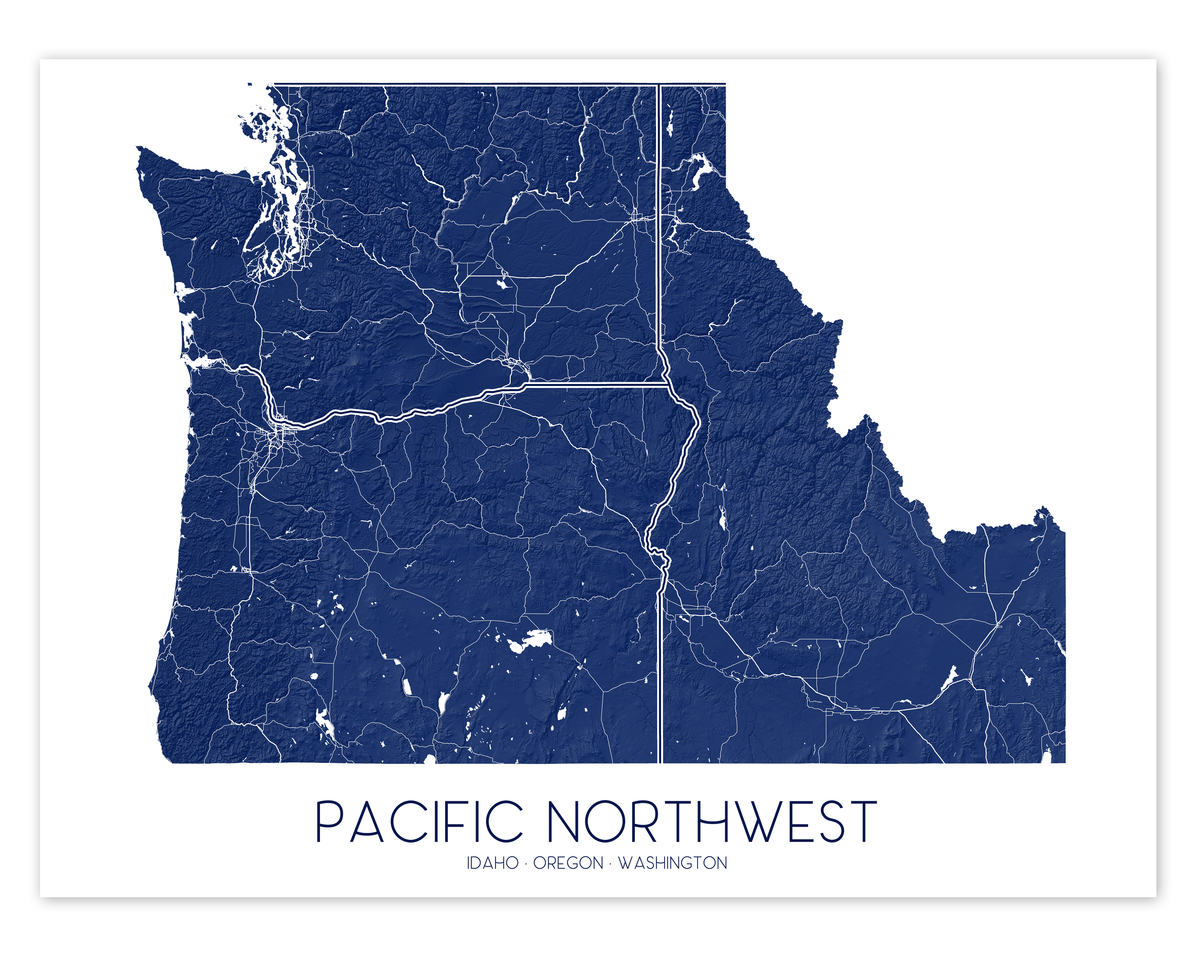 Pacific Northwest Coast USA Map Art Print, PNW Regional Poster, Idaho ...