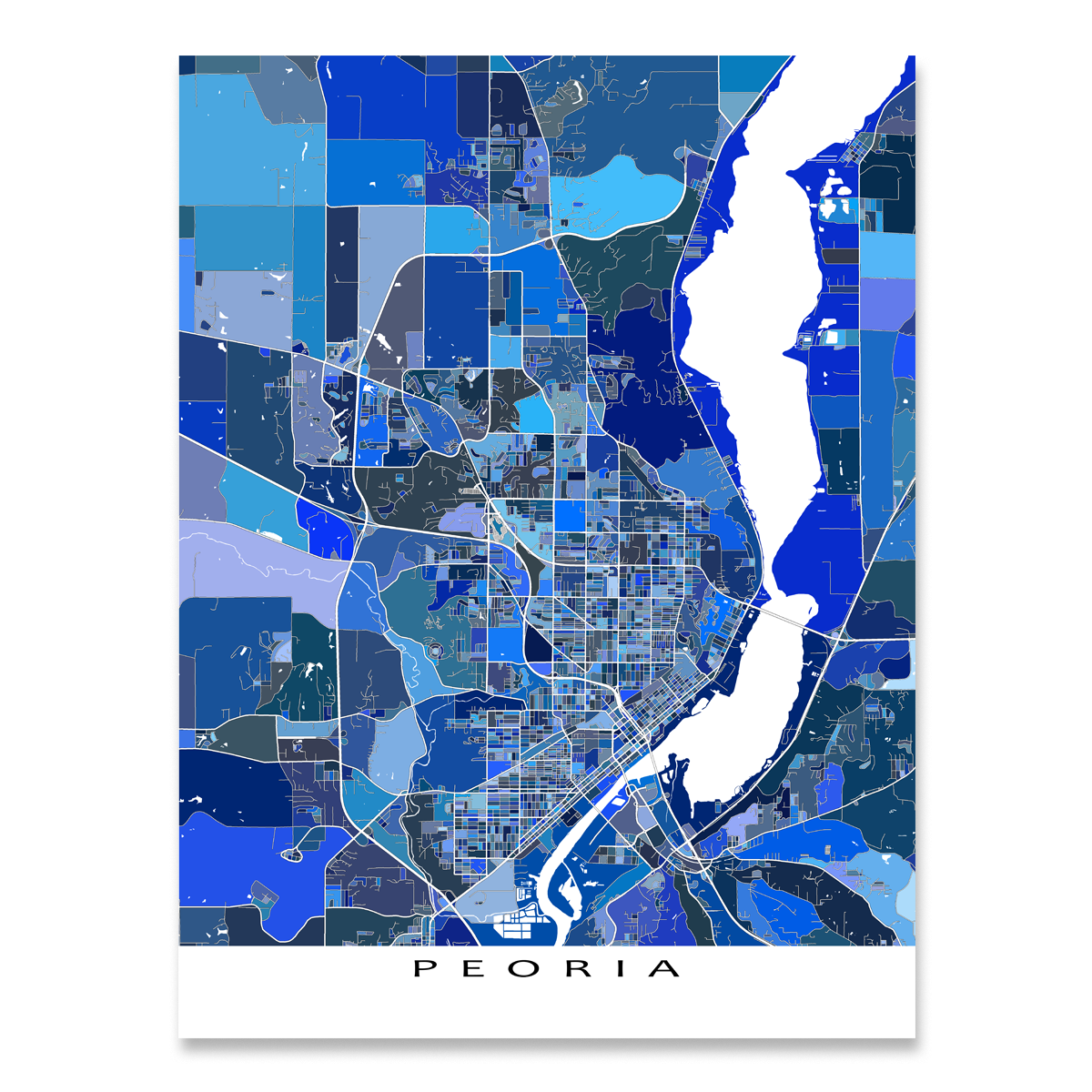 Peoria IL Map of City Print, Blue Geometric Peoria Illinois Poster Map ...