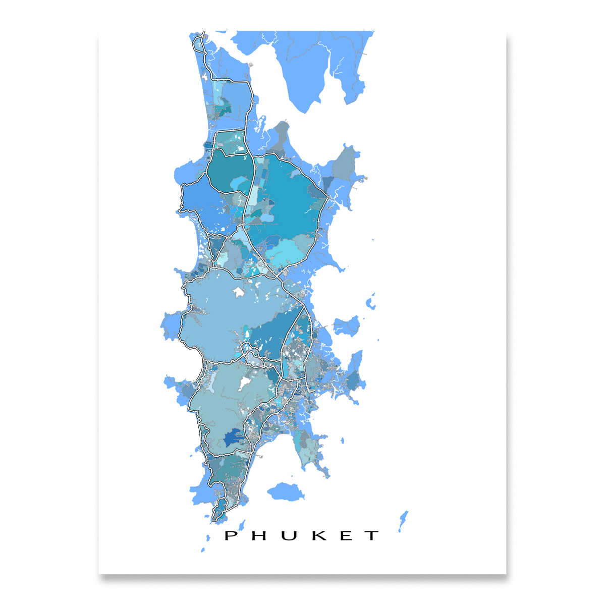Phuket Map Wall Art Print, Light Blue Turquoise Geometric Thailand Cit ...
