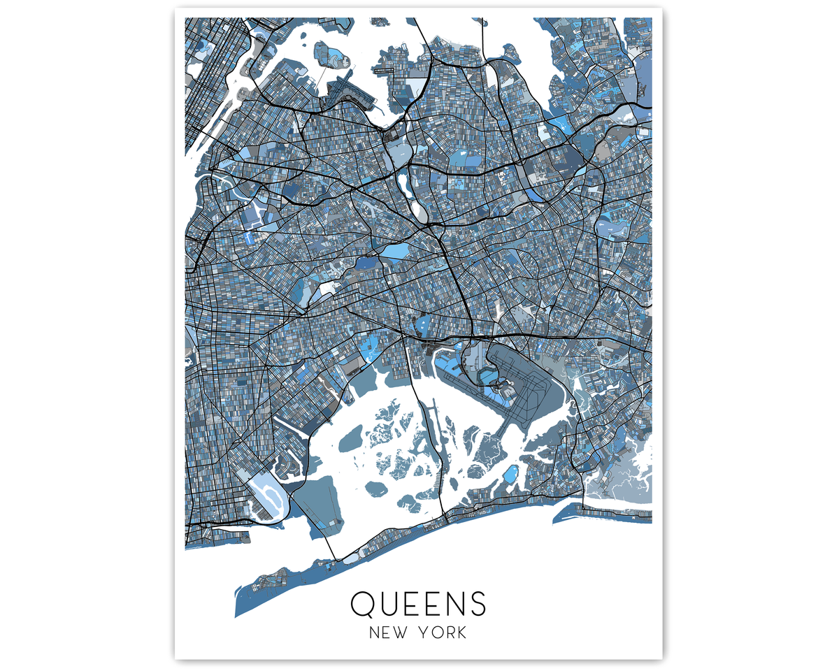 Queens New York Map Print - Denim Blue Geometric NY City Art Poster Ma ...