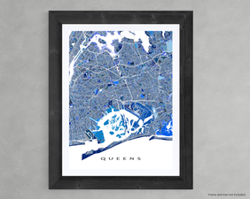 Queens Map Print, Blue Geometric New York City Wall Art Poster, NYC Ma ...