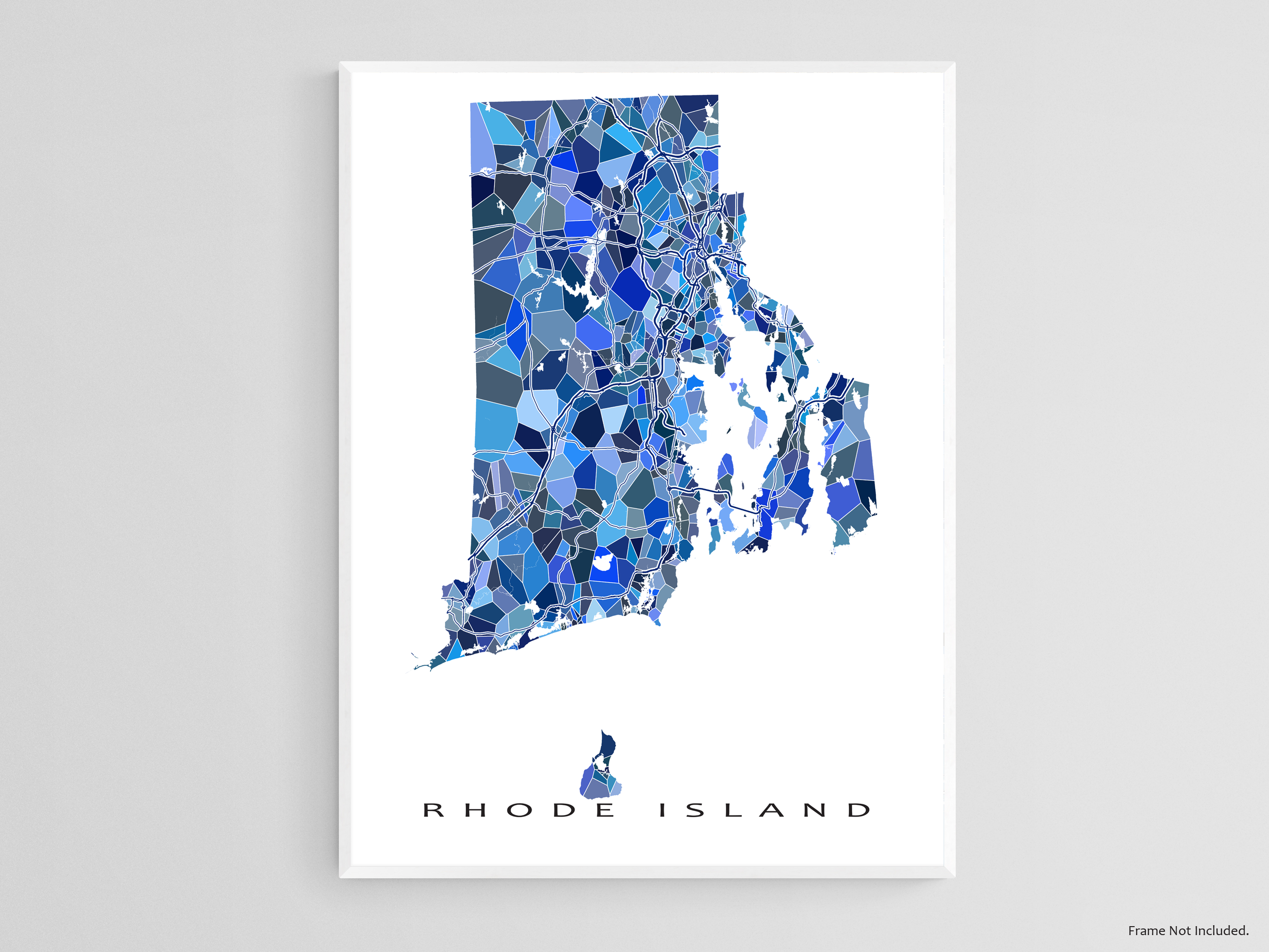 Rhode Island State Map Print Poster, Blue Geometric RI Wall Art Road M ...