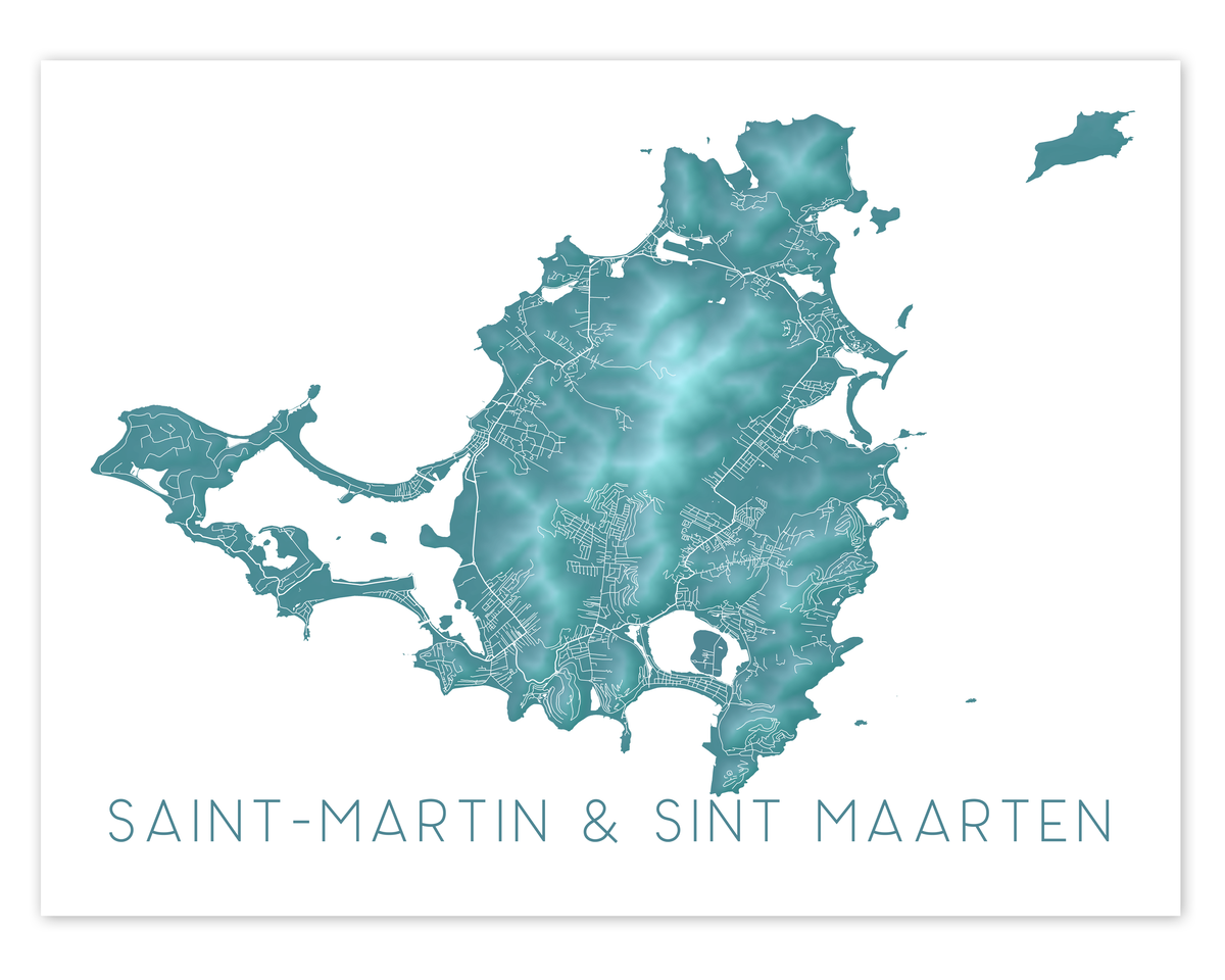 Saint Marint Map Wall Art Print Poster, Turquoise Sint Maarten Saint-M ...