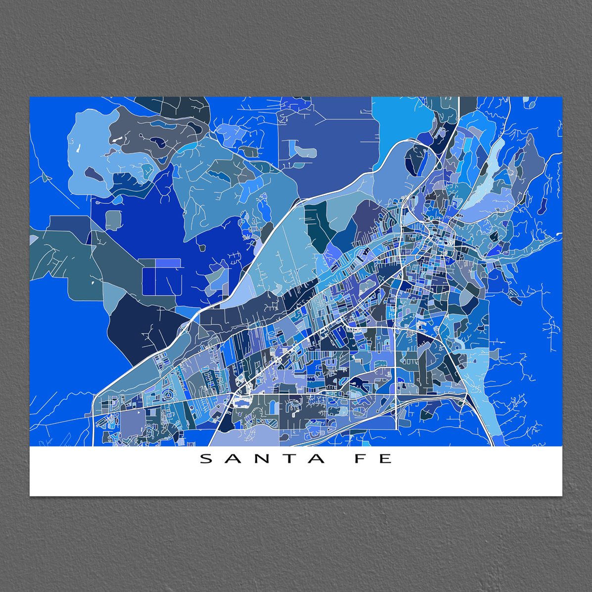 Santa Fe Map Print, Blue Geometric City Street Maps, New Mexico, USA ...