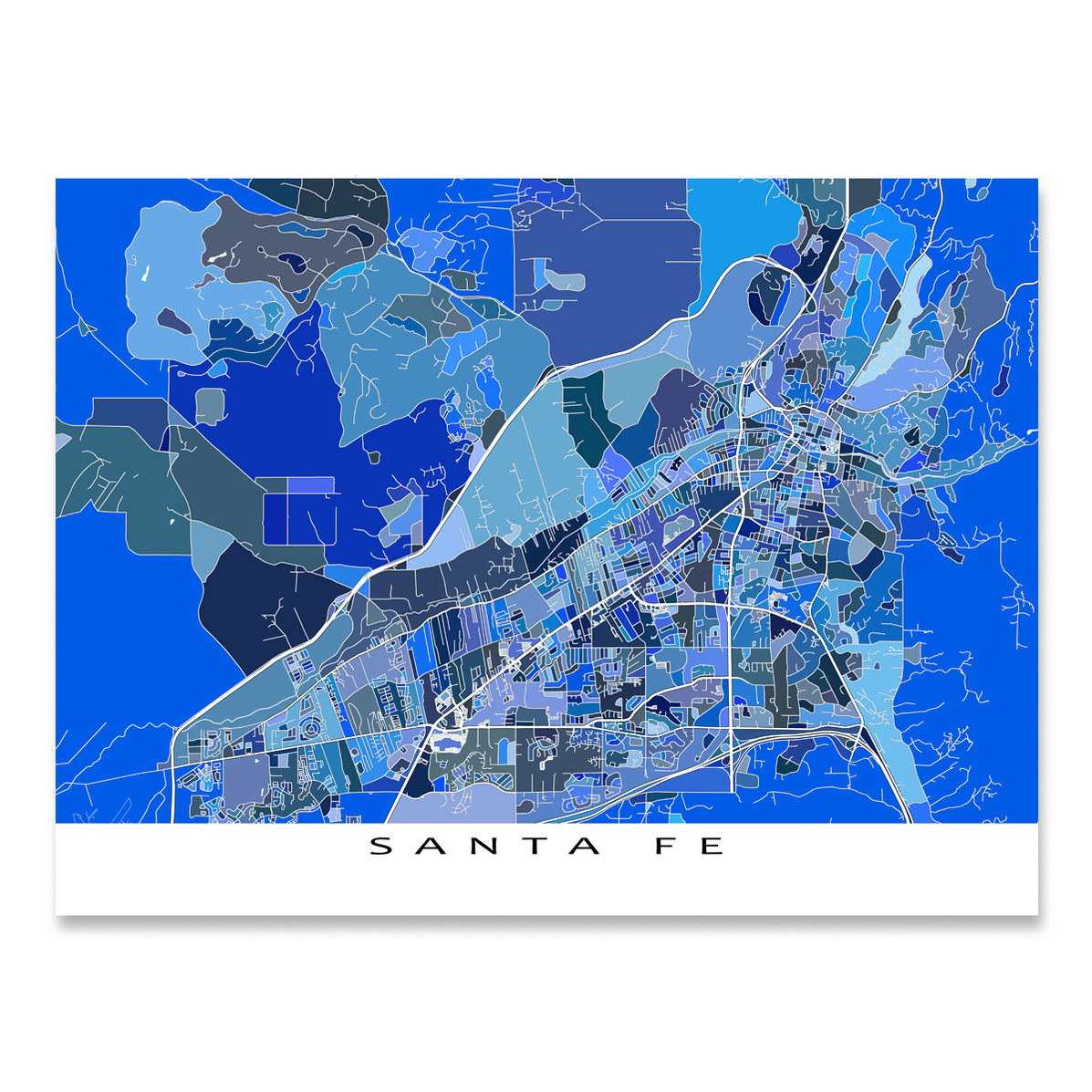 Santa Fe Map Print, Blue Geometric City Street Maps, New Mexico, USA ...