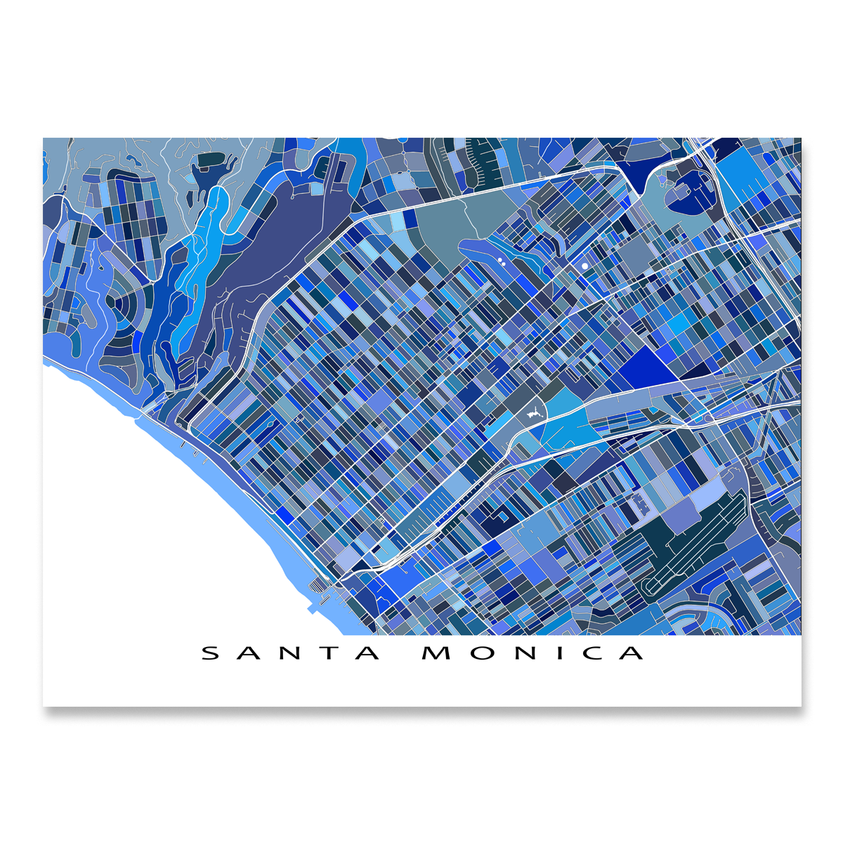 Santa Monica Map Print, California Blue Geometric City Street Maps, US ...