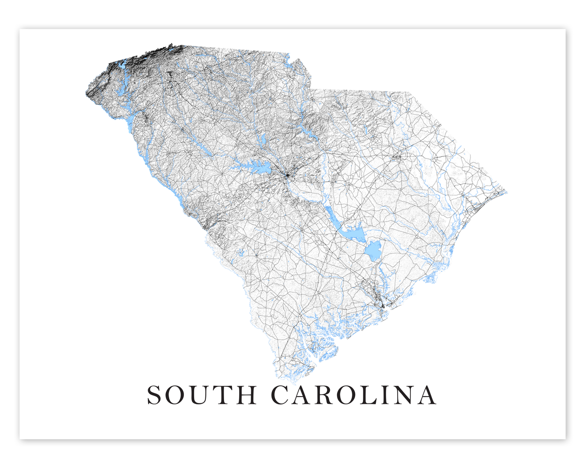 South Carolina Map Art Print Poster - Black and White SC State Wall Ar ...