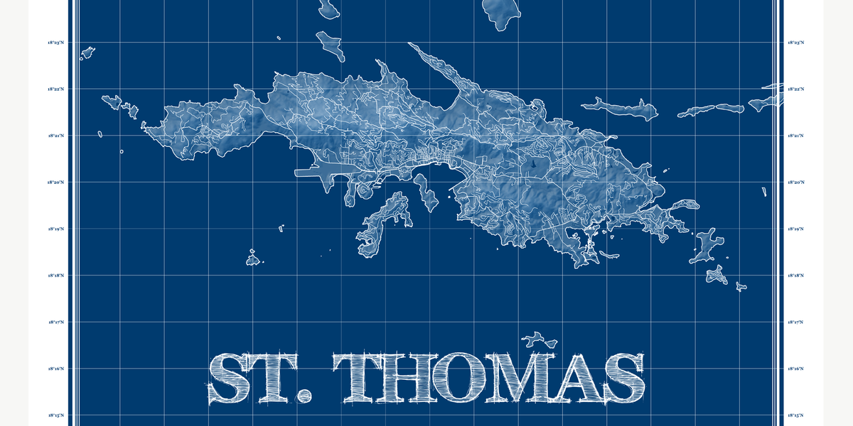 St Thomas USVI Map Art Print, Blueprint Saint Thomas US Virgin Islands ...