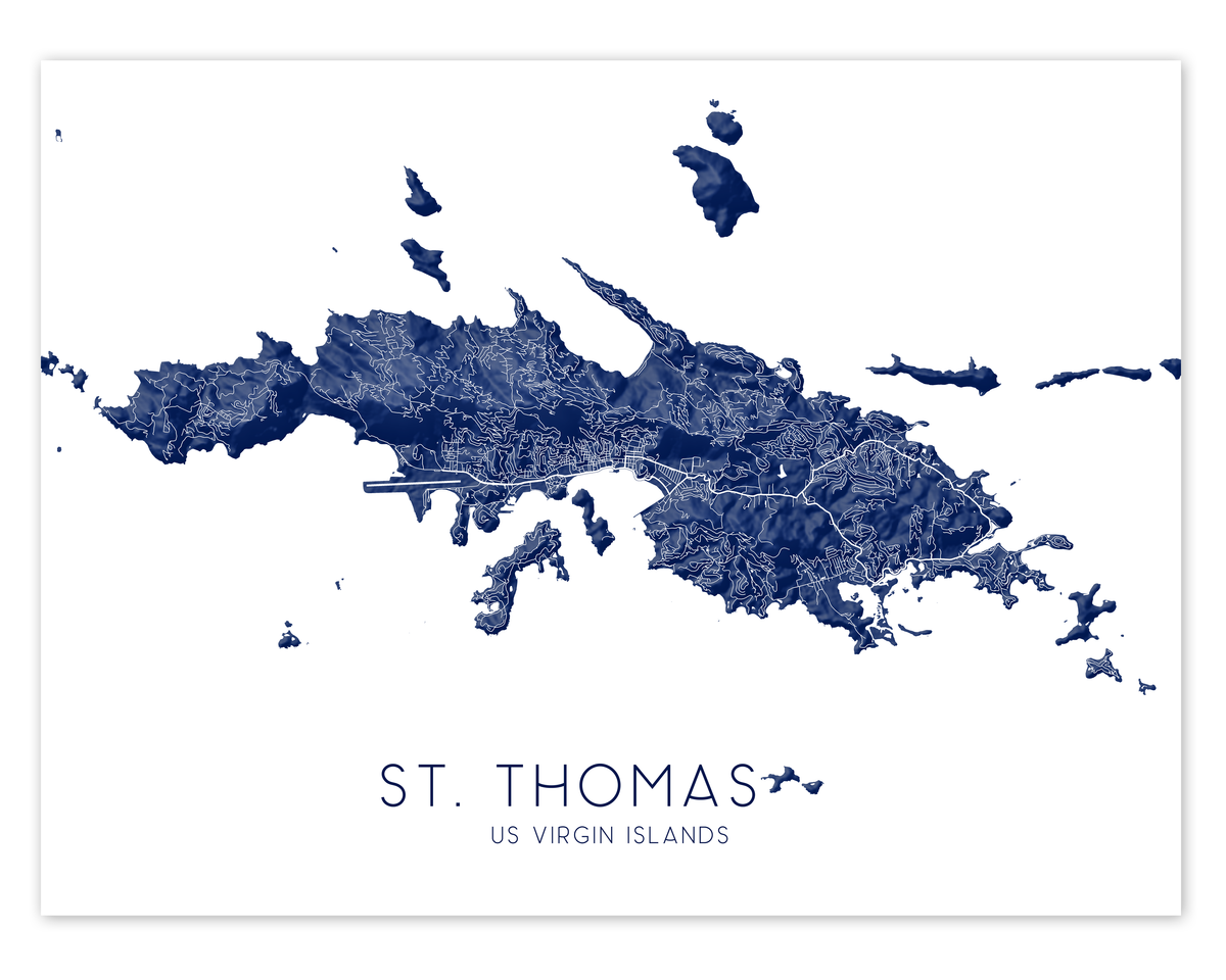 St. Thomas USVI Map Print Poster - Topographic Road Map of St Thomas U ...
