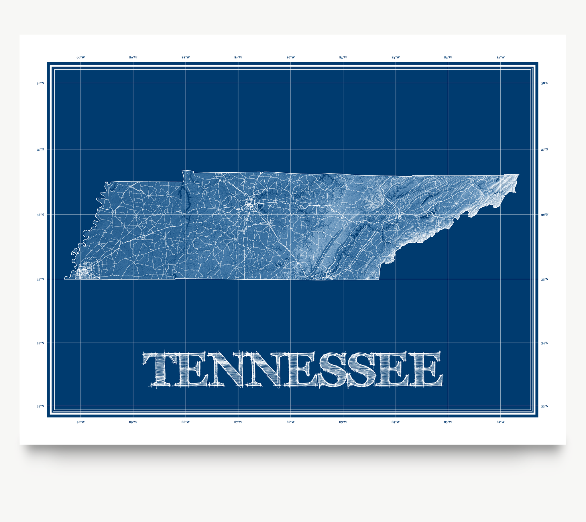 Tennessee Map Wall Art Print, Blueprint Topographic TN State Poster Ma ...