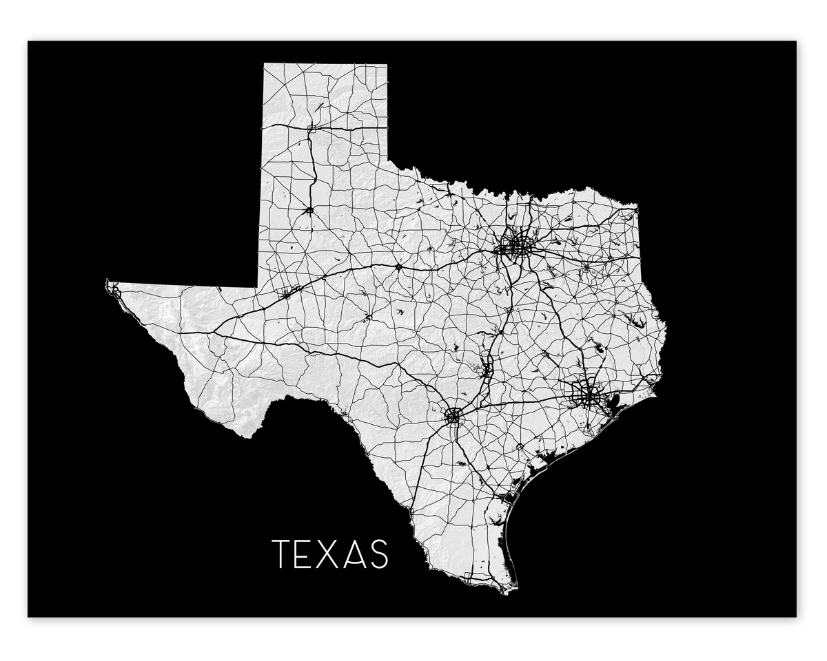 Texas Map Wall Art Print, TX State Poster with Roads, Colorful Backgro ...