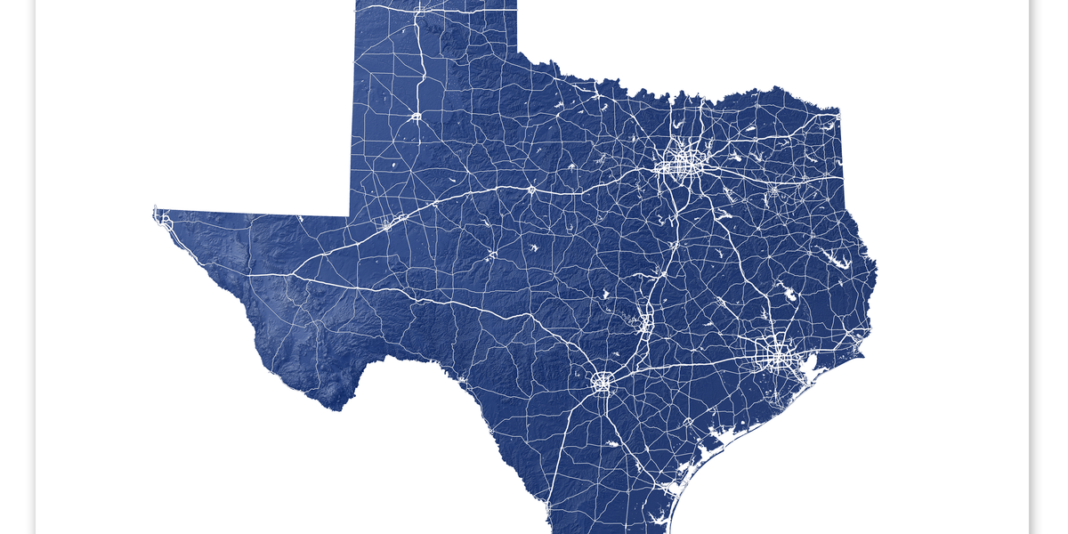 Texas Map Print - Topographic Map of Texas State Wall Art Poster, Texa ...