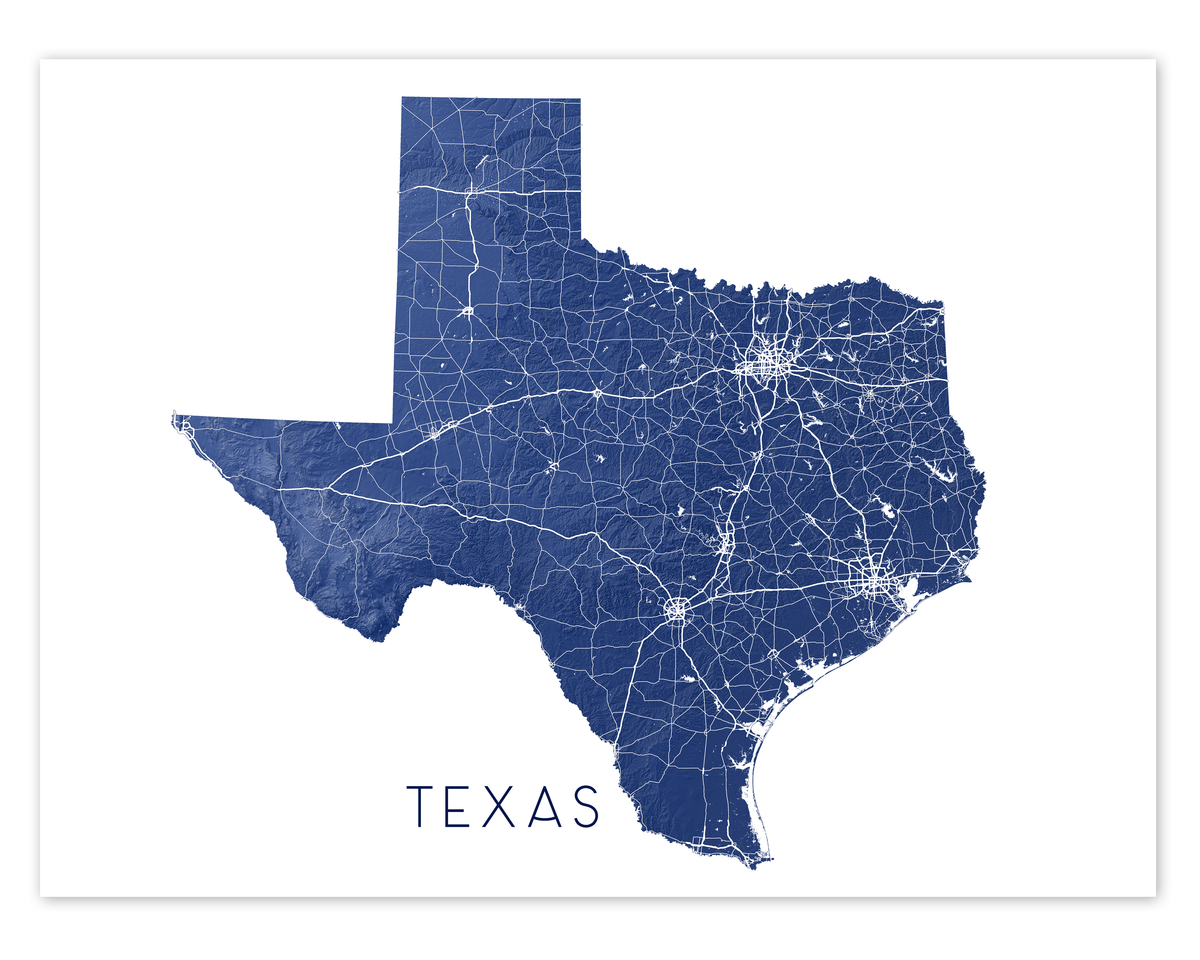 Texas Map Print - Topographic Map of Texas State Wall Art Poster, Texa ...