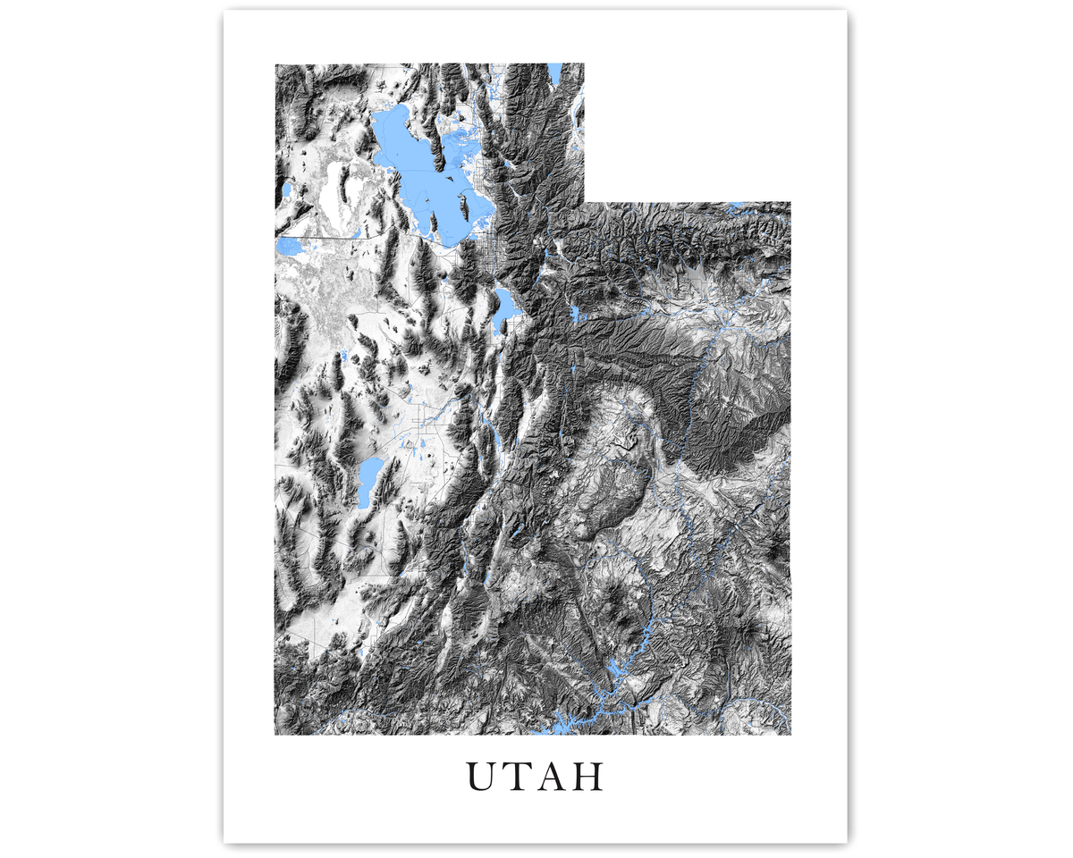 Utah Map Print: Black and White Topographic State Wall Art Poster, Sal ...