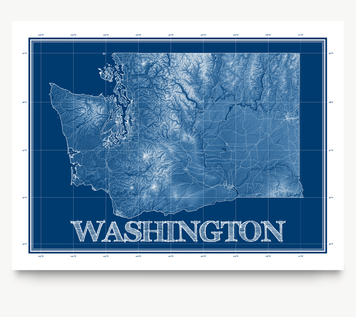 Washington Map Print, Blueprint Style Topographic State Maps — Maps As Art